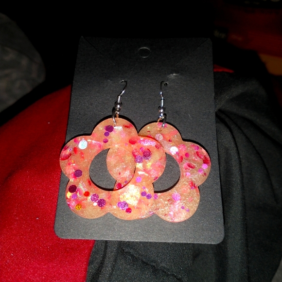 Hand Crafted | Jewelry | Pink Glitter Flower Earrings | Poshmark